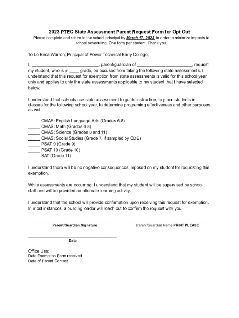 Fillable Online 2023 PTEC State Assessment Parent Request Form for Opt ...