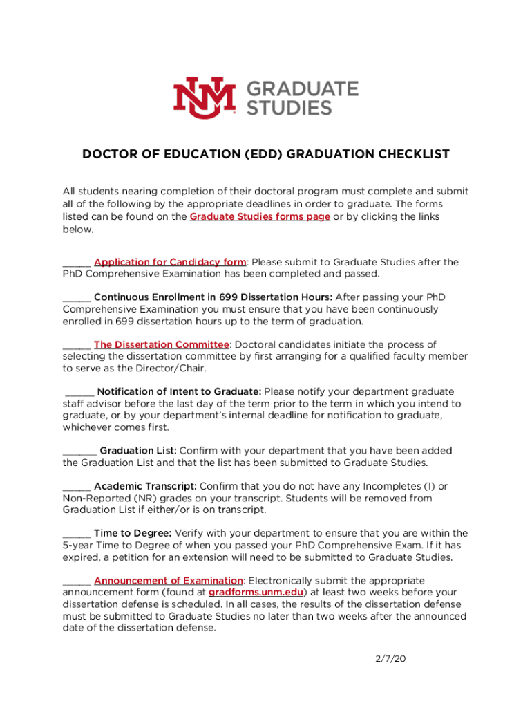 Fillable Online Doctoral Degree Checklist - College Office of Graduate Affairs Fax Email Print ...