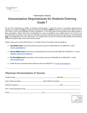 Fillable Online Immunization Requirements for Students Entering Seventh Grade Fax Email Print ...
