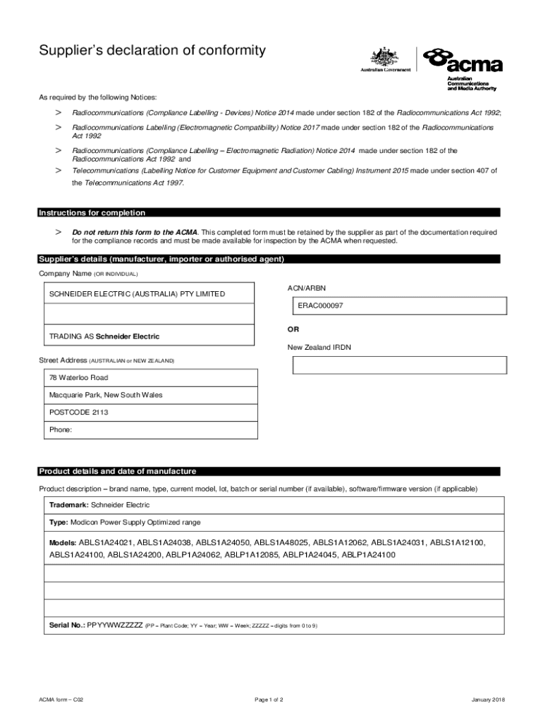 Fillable Online Australia & New Zealand Declaration of Conformity Fax ...