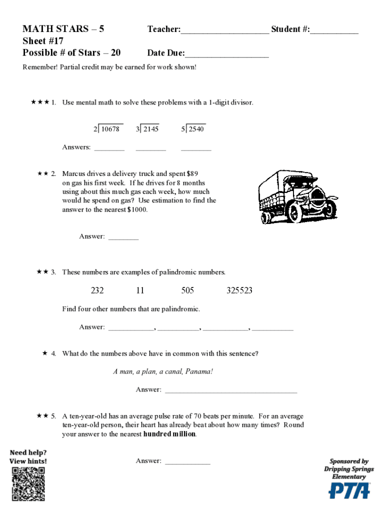 Fillable Online MATH STARS5 Sheet #17 Possible # of Stars20 Fax Email ...