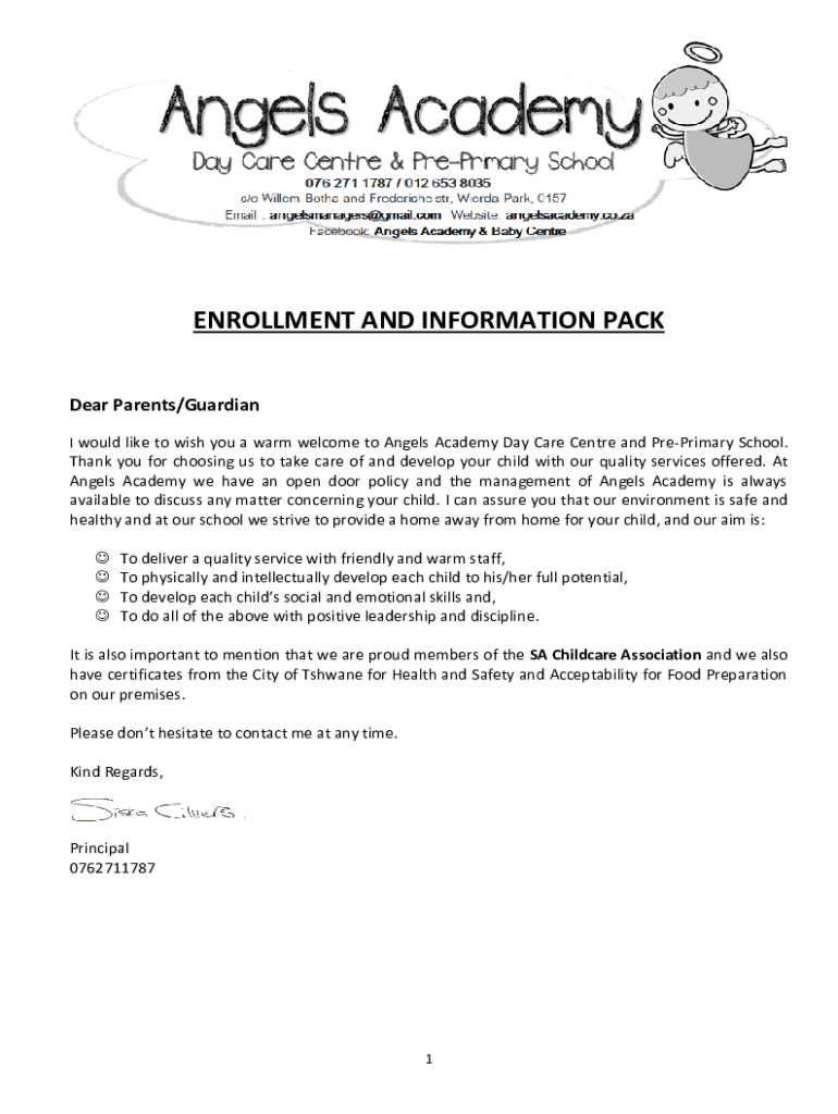 Fillable Online ENROLLMENT AND INFORMATION PACK Angels Academy Fax ...