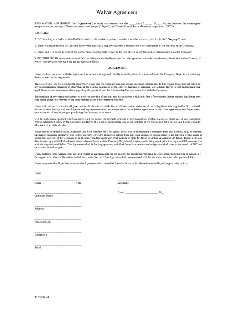 Fillable Online Waiver Agreement B Fax Email Print - pdfFiller