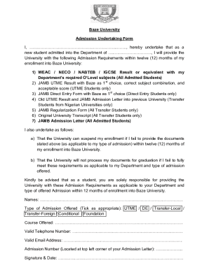 Fillable Online Baze New Students' Admission Undertaking Form Fax Email ...
