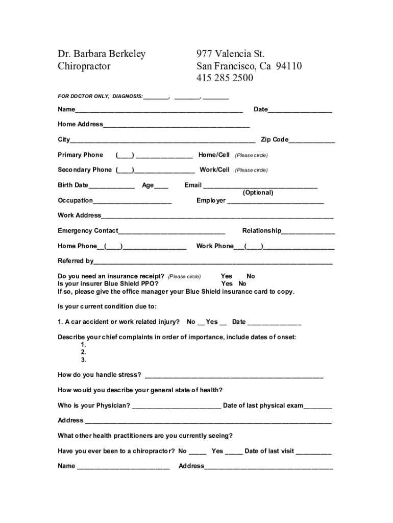 Fillable Online Dr. Barbara Berkeley, DC: Chiropractor - San Francisco, CA Fax Email Print ...