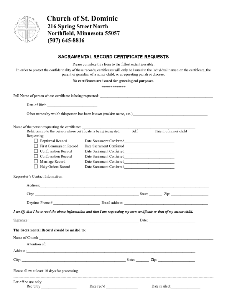 Fillable Online Certificate Request.docx - Northfield - Church of St. Dominic Fax Email Print ...