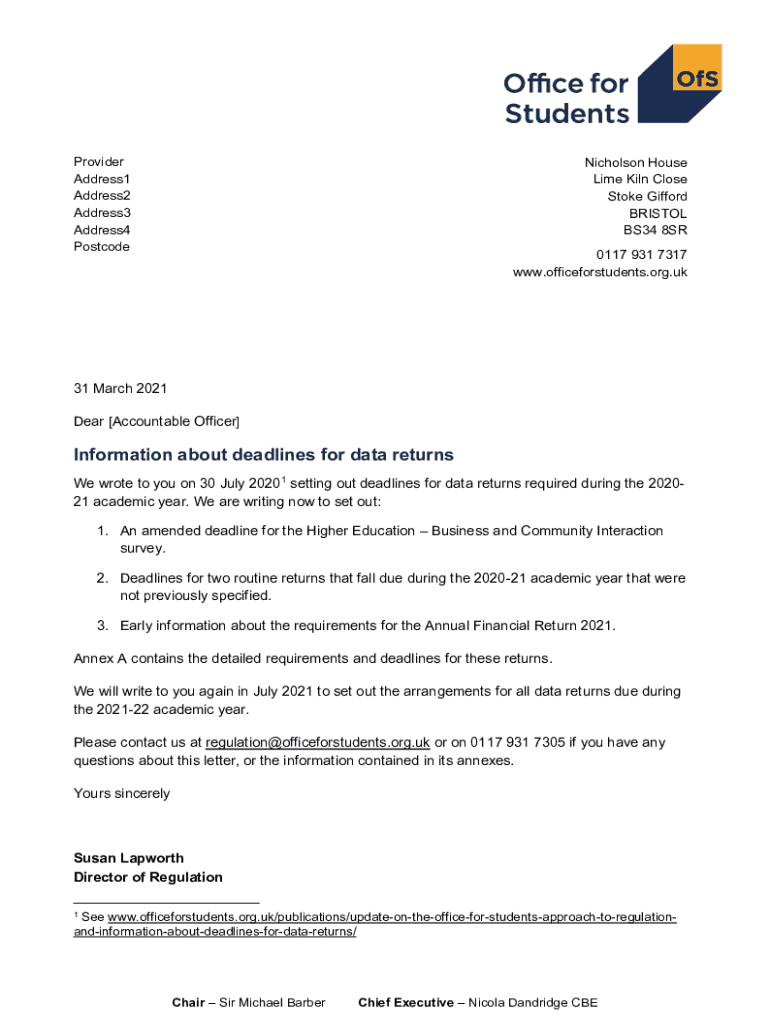 Fillable Online Information about deadlines for data returns - Office for Students Fax Email ...