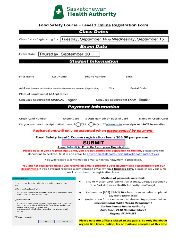 Fillable Online Food Safety Course Level 1 Online Registration Form Fax ...