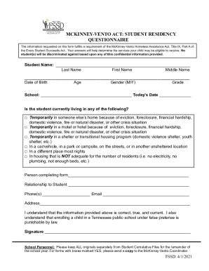 Fillable Online MCKINNEY-VENTO ACT: STUDENT RESIDENCY ... Fax Email Print - pdfFiller
