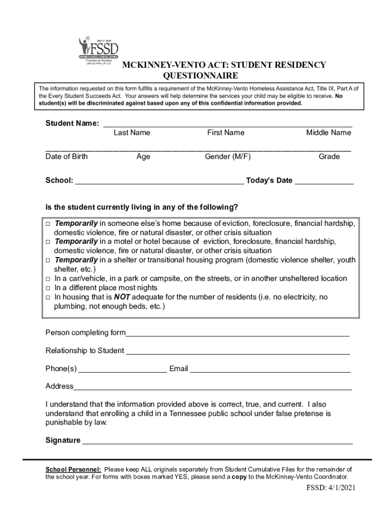 Fillable Online MCKINNEY-VENTO ACT: STUDENT RESIDENCY ... Fax Email ...