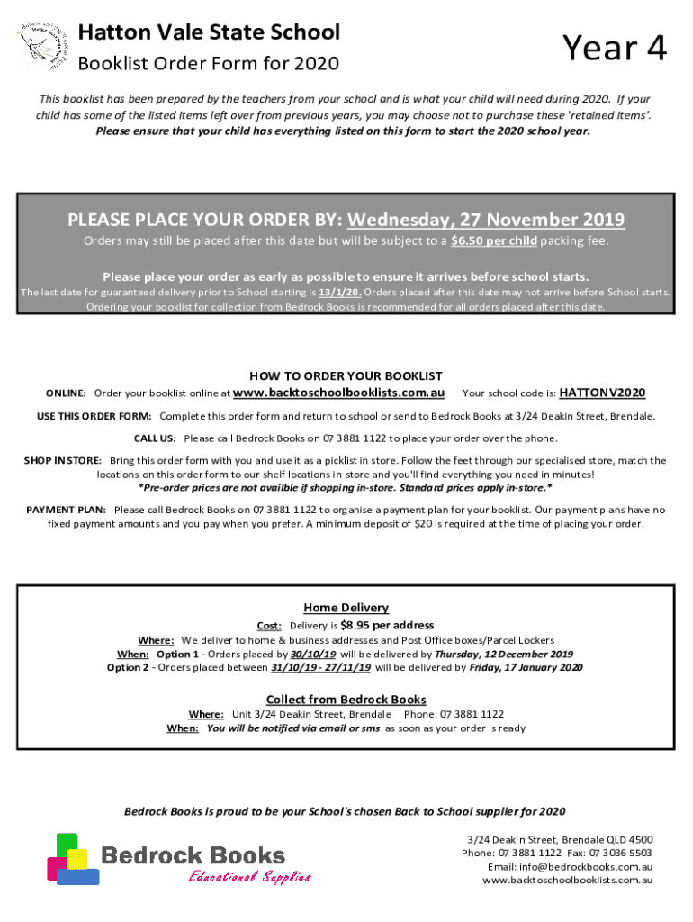 Fillable Online Hatton Vale SS Booklist Order Forms 2020.xlsx Fax Email Print - pdfFiller