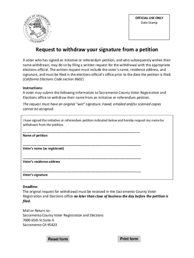 Fillable Online Request to withdraw your signature from a petition Fax ...
