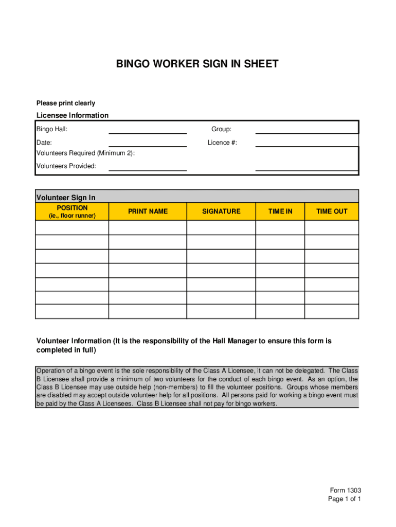 Fillable Online Form 1303 Bingo Worker's Sign in Sheet - igr.ca Fax ...