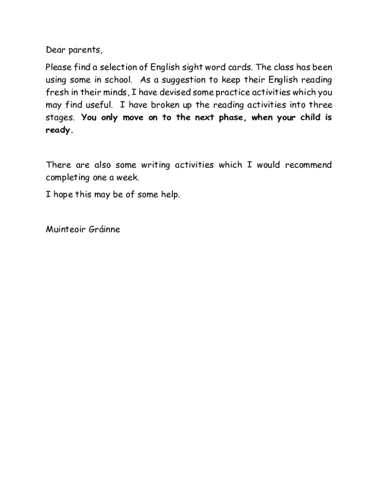 Fillable Online Dear parents, Please find a selection of English sight word ... Fax Email Print ...