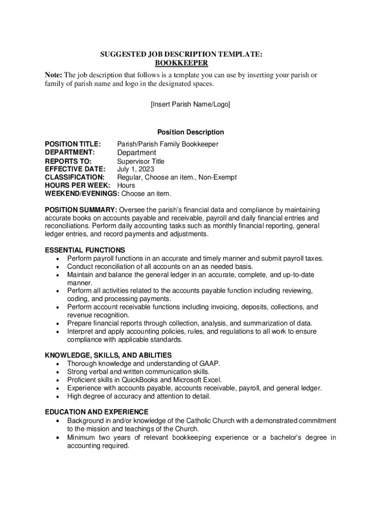 Fillable Online Suggested Job Description Template: Bookkeeper Fax ...