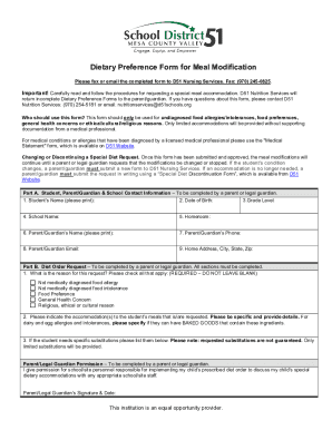 Fillable Online Meal Modification Dietary Preference Form Instructions ...