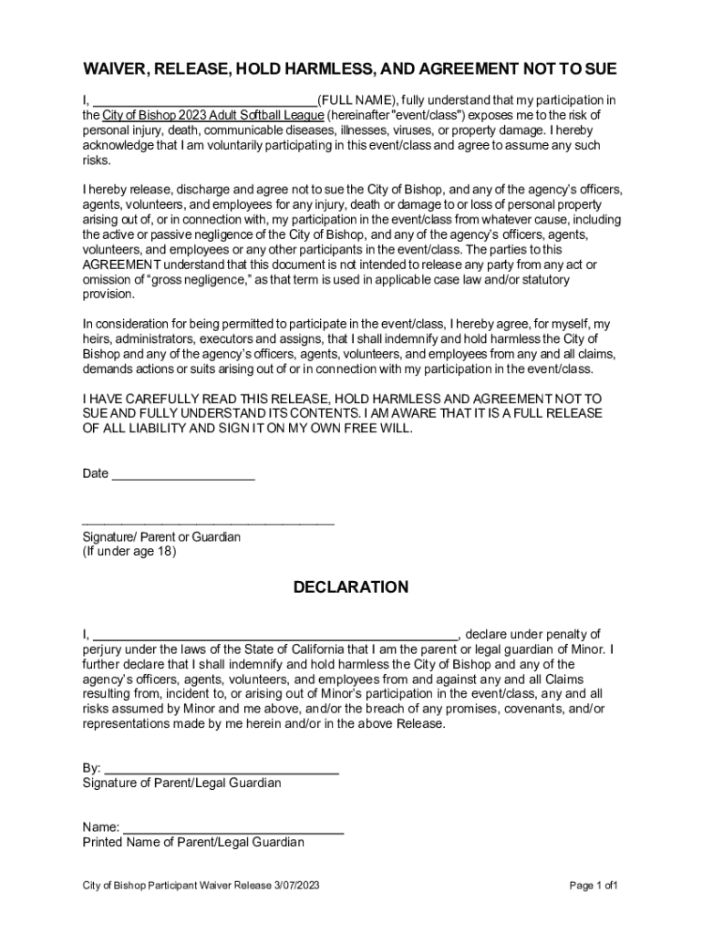 Fillable Online waiver, release, hold harmless, and agreement not to ...