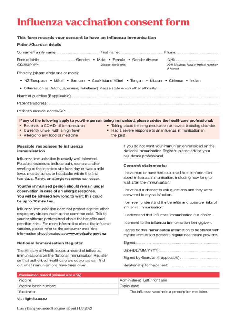 Fillable Online Patient minor consent form - flu vaccine Fax Email ...