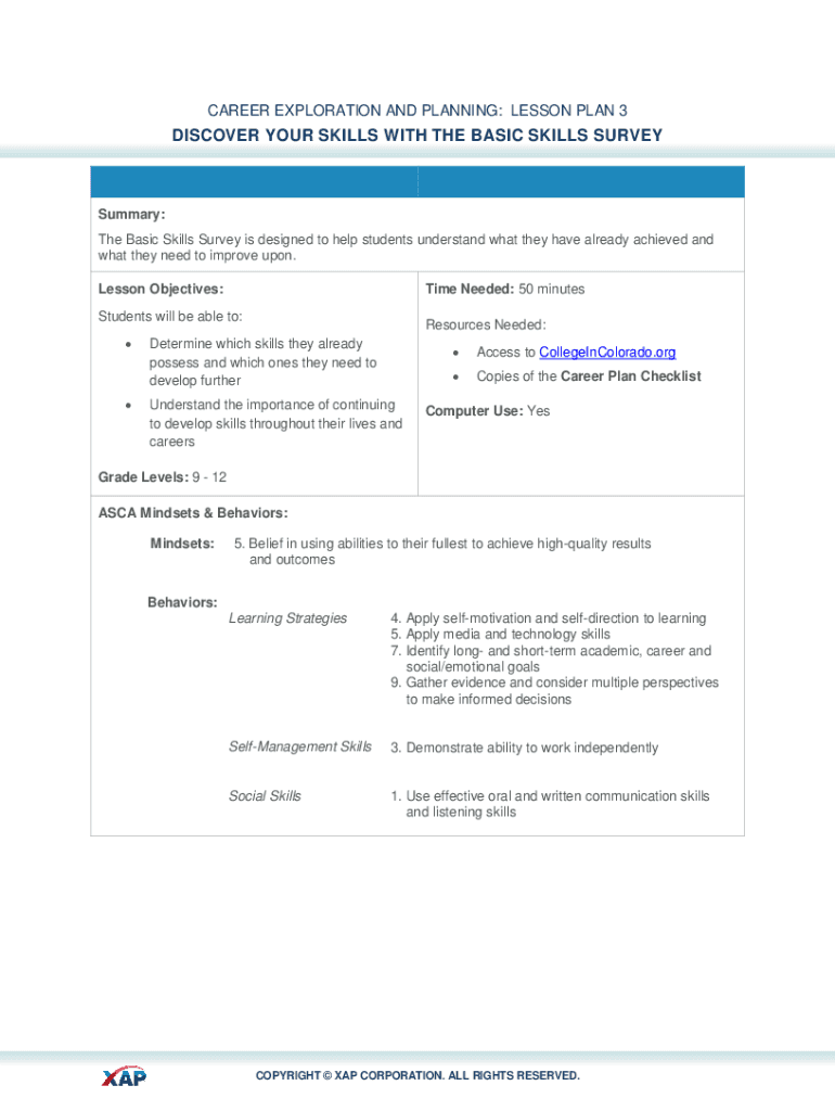 Fillable Online lesson plan 3 - discover your skills with the basic ...