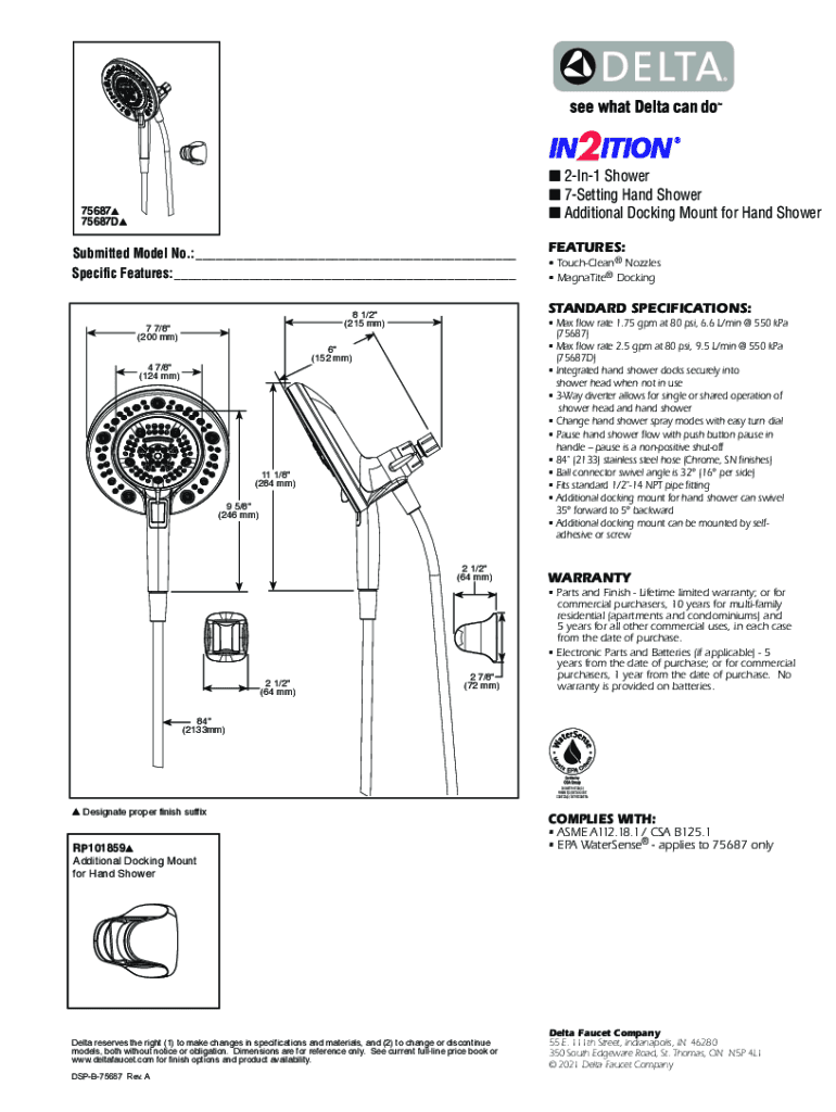 Fillable Online Delta Matte Black Rectangle Handheld Shower Head 1.75 ...