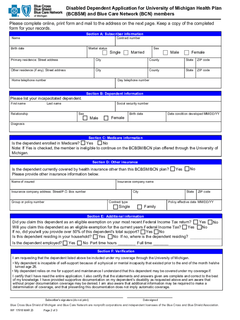 Fillable Online hr umich Disabled Dependent Application for ... Fax ...
