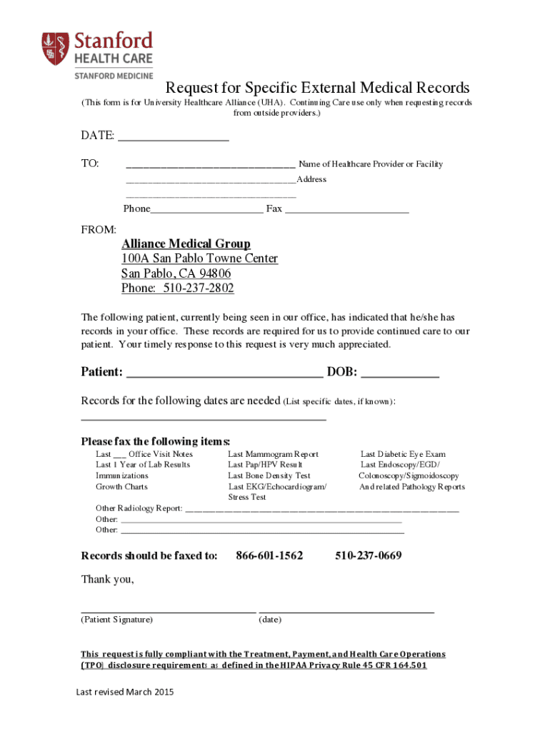 Fillable Online Release of Info request UHA ALP Outside Records Request ...