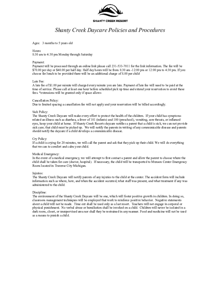 Fillable Online Shanty Creek Childcare Guest Registration Form Fax ...