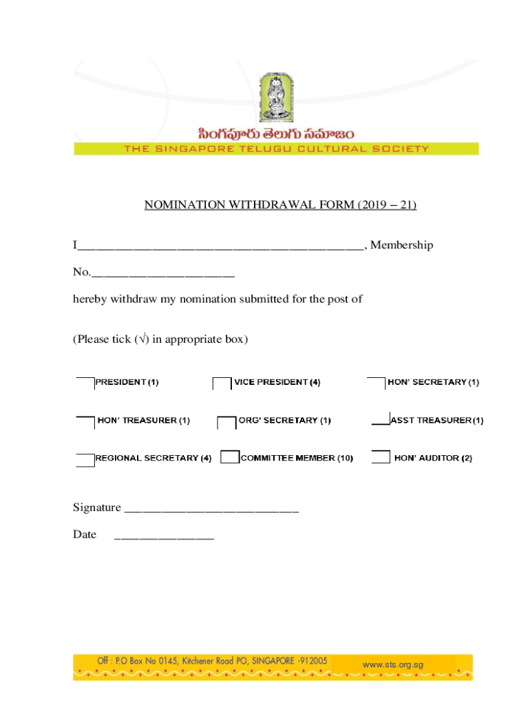 Fillable Online nomination withdrawal form (201921) Fax Email Print ...