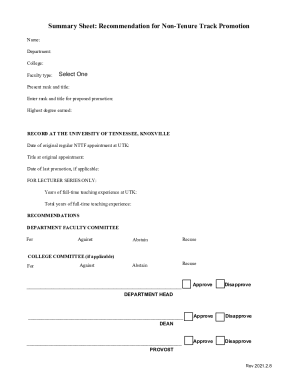 Fillable Online provost utk Summary Sheet: Recommendation for Non ...