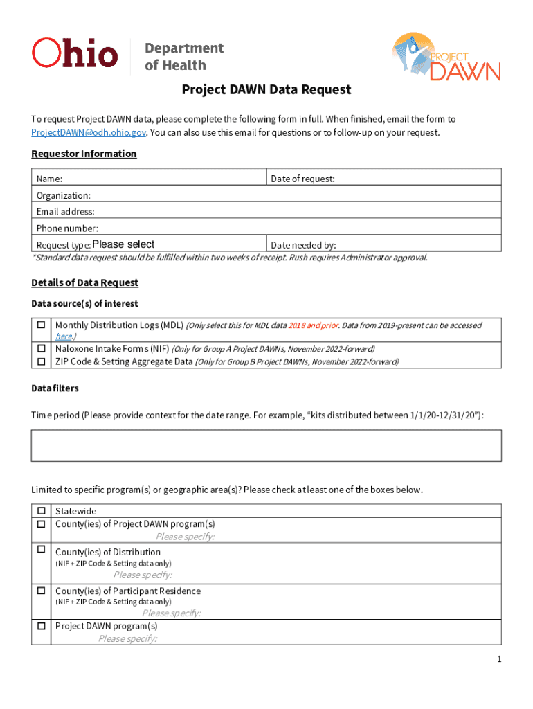 Fillable Online odh ohio Project DAWN Data Request Form - Ohio ...