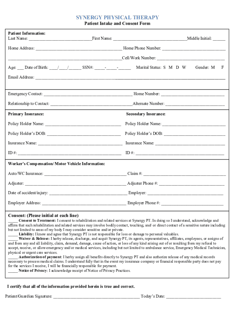 Fillable Online Physical Therapy Patient Intake Form Fax Email Print ...