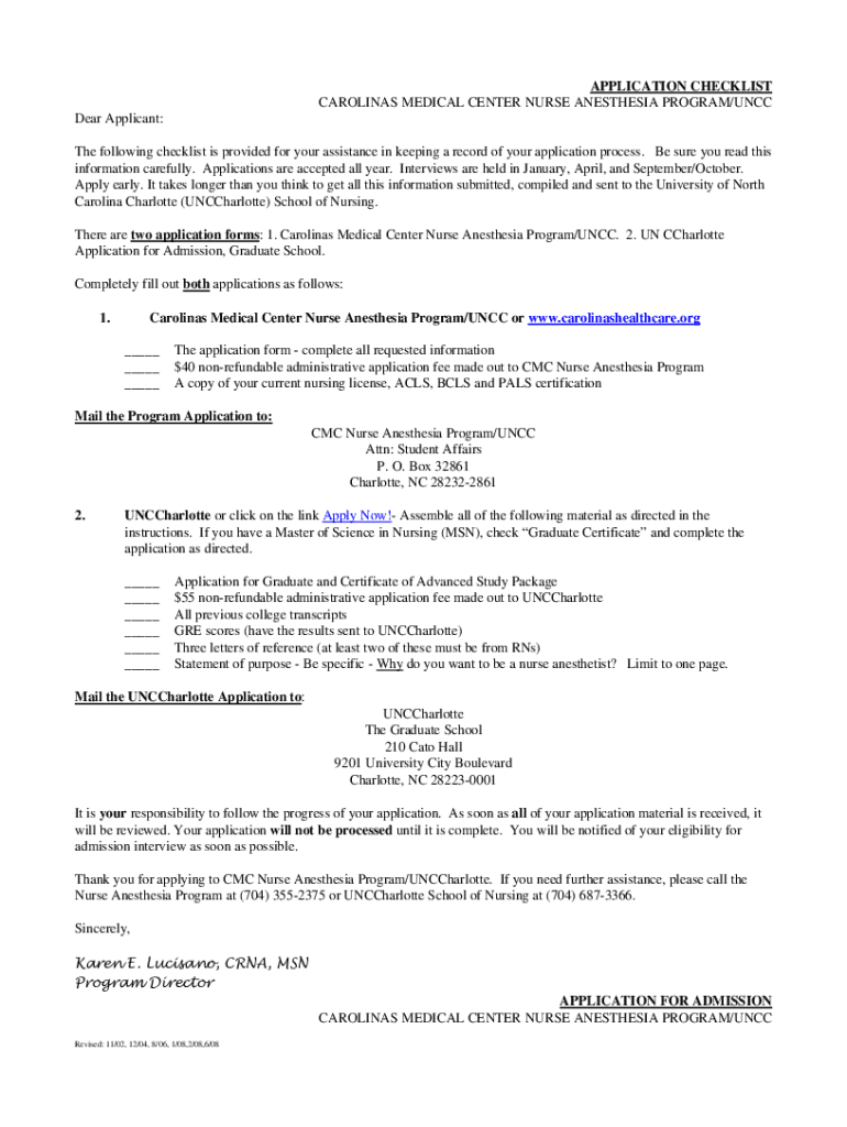 Fillable Online Application Checklist Carolinas Medical Center Nurse ... Fax Email Print - pdfFiller