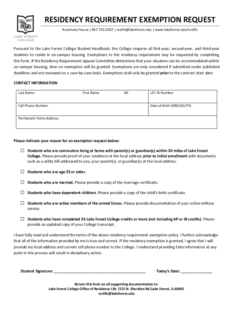 Fillable Online Resident Forms - ForesterNet - Lake Forest College Fax ...