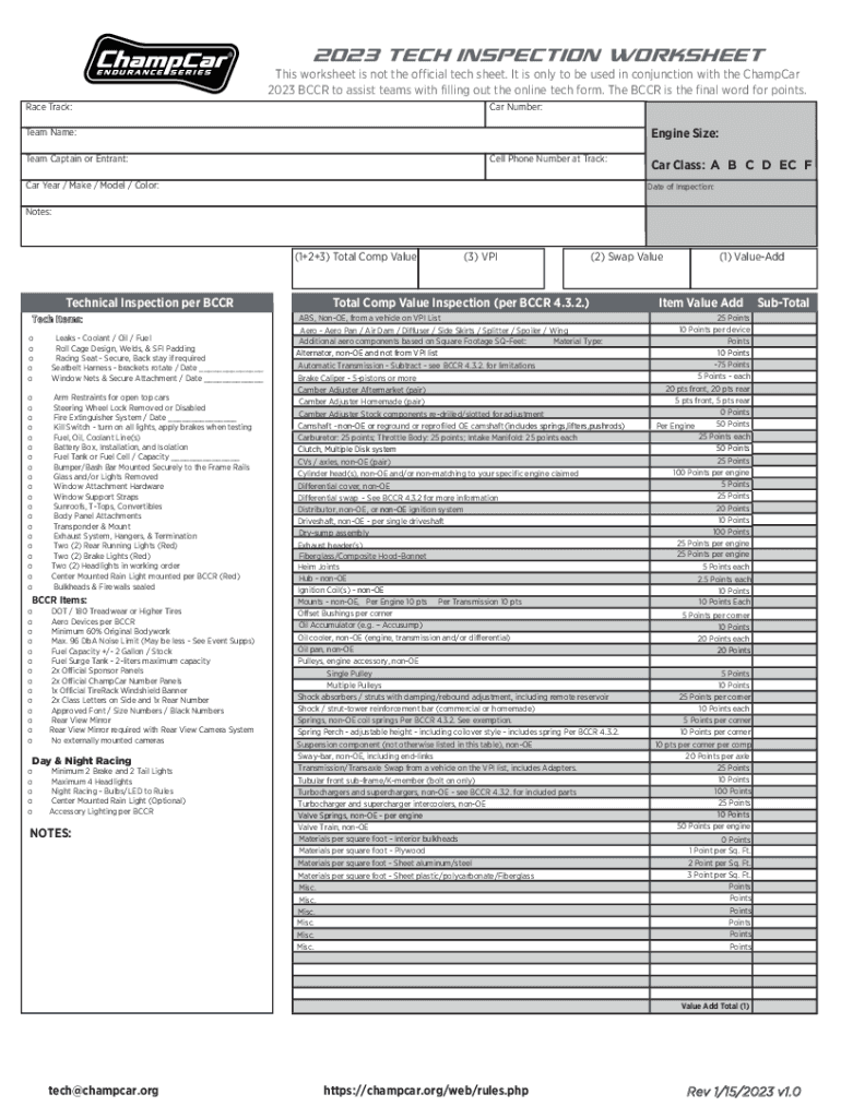 Fillable Online 2023 TECH INSPECTION WORKSHEET Fax Email Print - pdfFiller