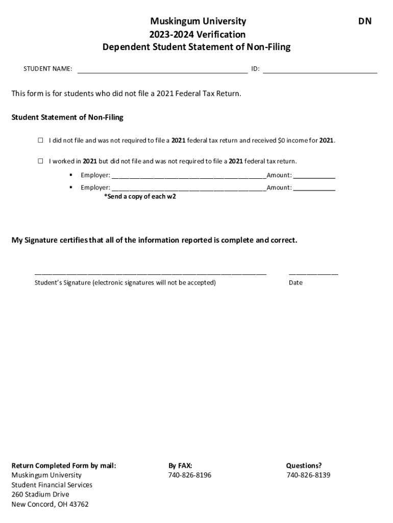 Fillable Online 1. Student Statement of Non-Filing (and spouse if ...