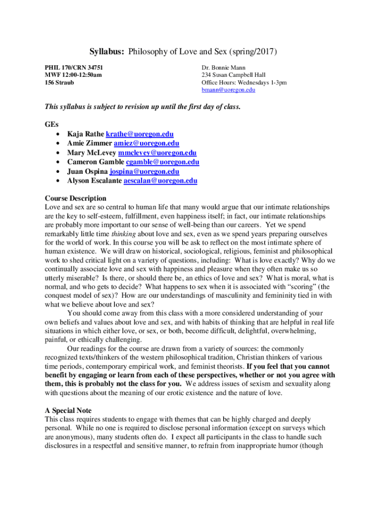 Fillable Online Syllabus Philosophy Of Love And Sex Spring2017 Fax Email Print Pdffiller 