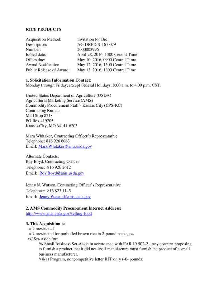 Fillable Online RICE PRODUCTS Acquisition Method: Description: Number ...