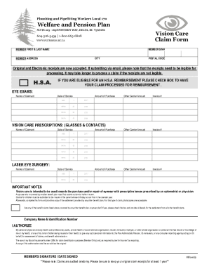 Fillable Online Welfare and Pension Plan H.S.A. Vision Care Claim Form ...