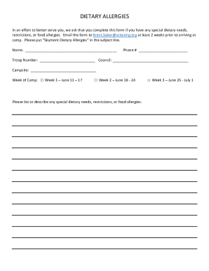 Fillable Online Allergy and Special Dietary Needs Request Fax Email ...