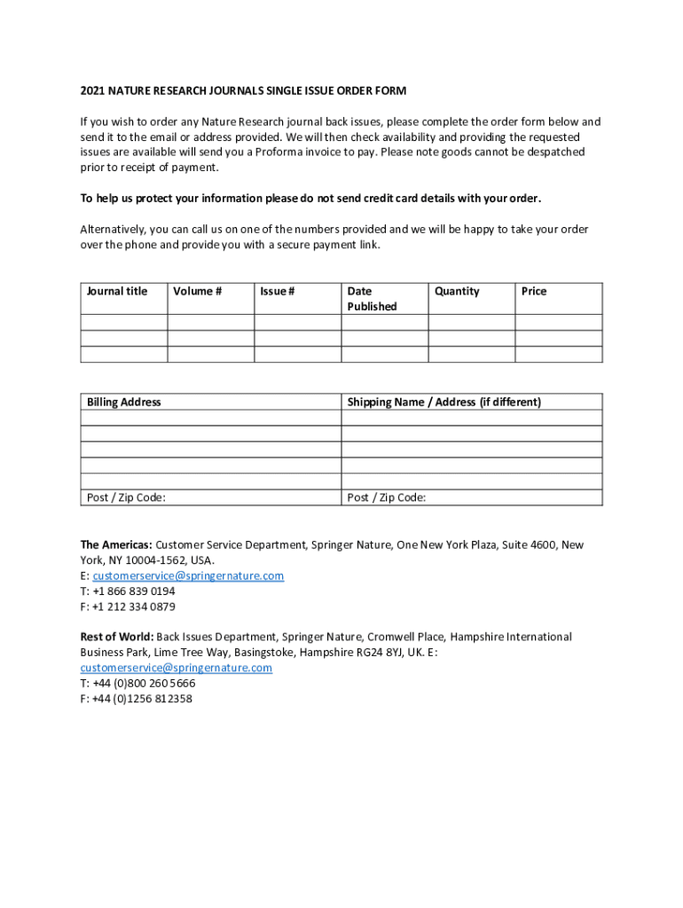 Fillable Online Nature Portfolio Journals: Sample copy order form Fax ...