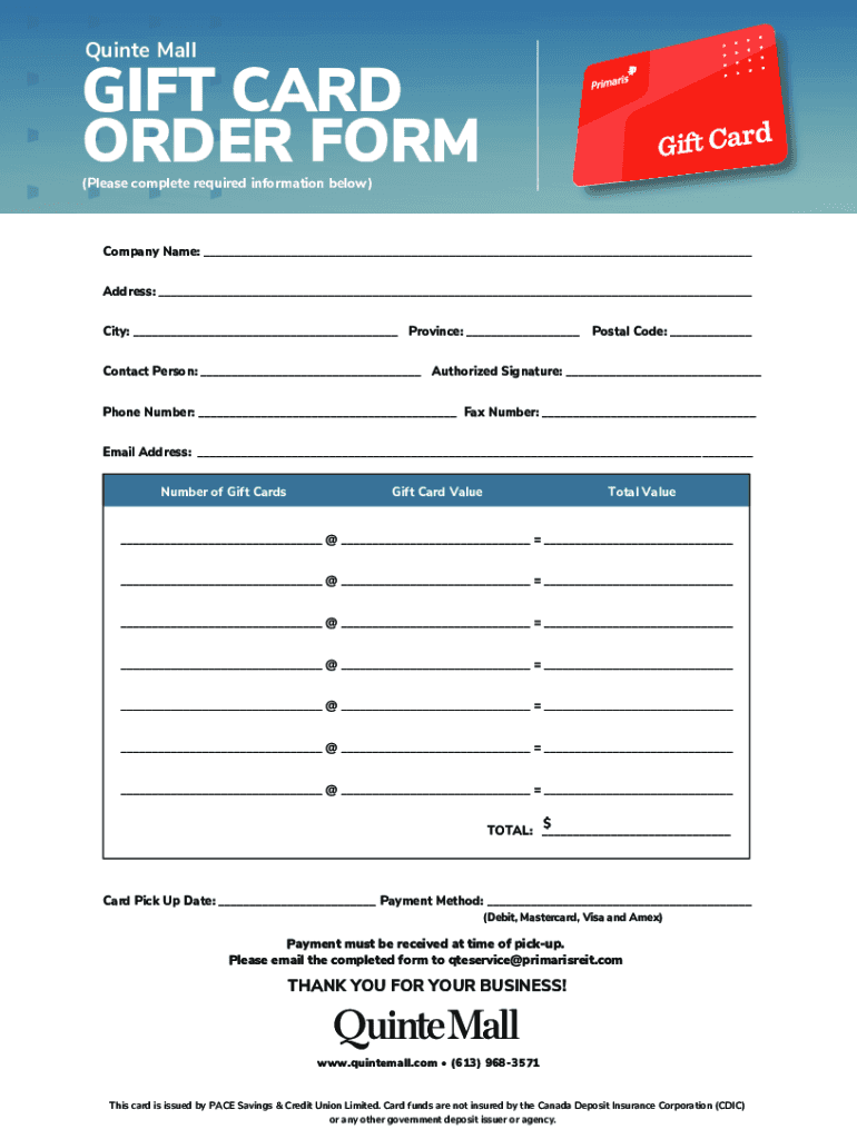 Fillable Online Quinte Corporate Gift card order form Fax Email Print ...