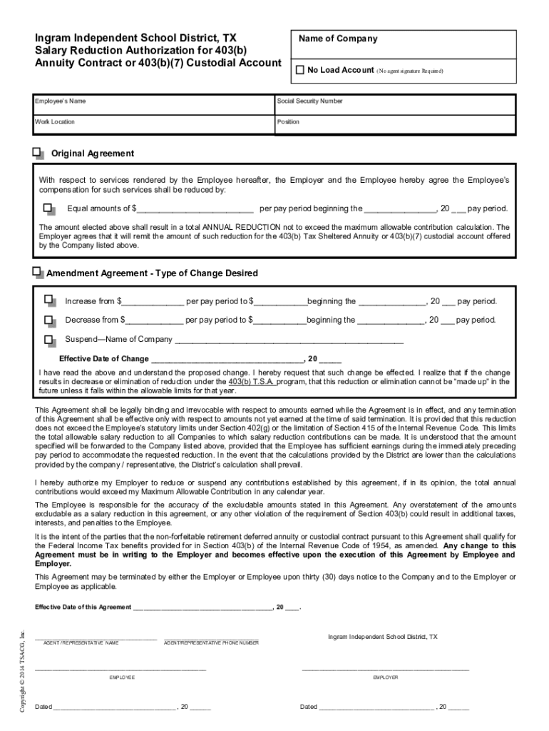 Fillable Online SALARY REDUCTION AGREEMENT FOR 403(B)/457 TSA Fax Email ...