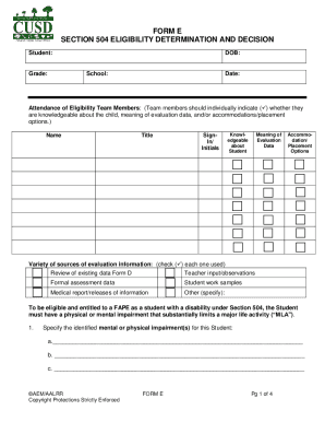 Fillable Online FORM E SECTION 504 ELIGIBILITY DETERMINATION ... Fax ...