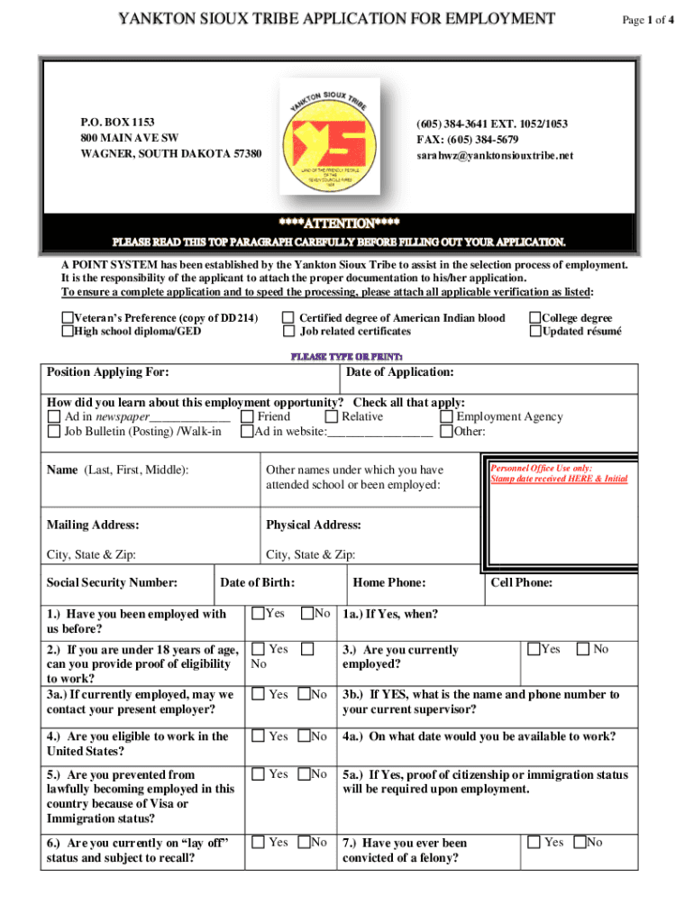 Fillable Online YANKTON SIOUX TRIBE APPLICATION FOR EMPLOYMENT Fax ...