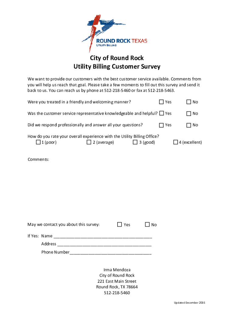 Fillable Online City of Round Rock Utility Billing Customer Survey Fax ...