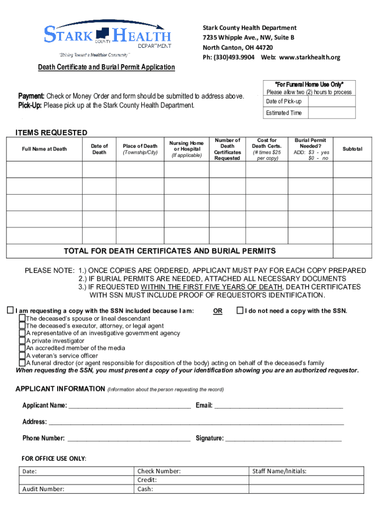 Fillable Online Stark County Health Department (OH)Order Certificates ...