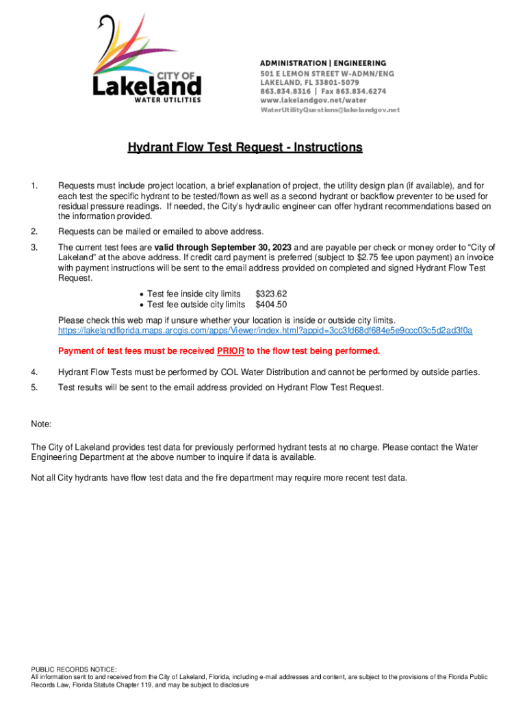 Fillable Online Hydrant Flow Test Request - Instructions Fax Email ...