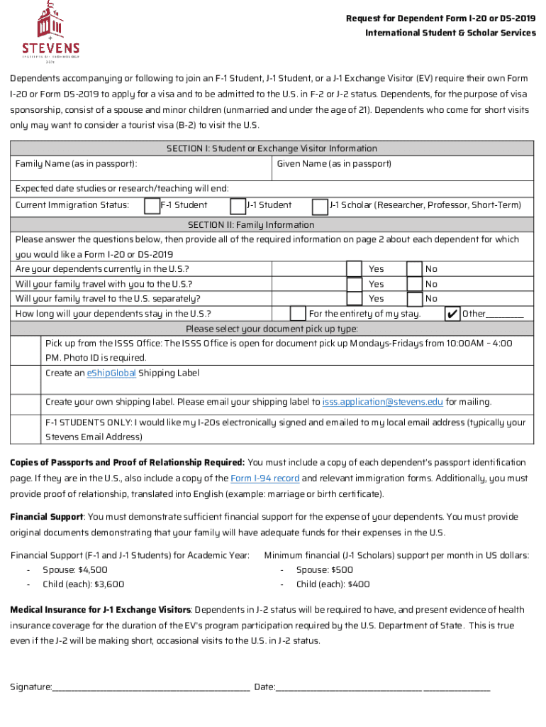 Fillable Online Dependent I-20 or DS-2019 Request Form Fax Email Print ...