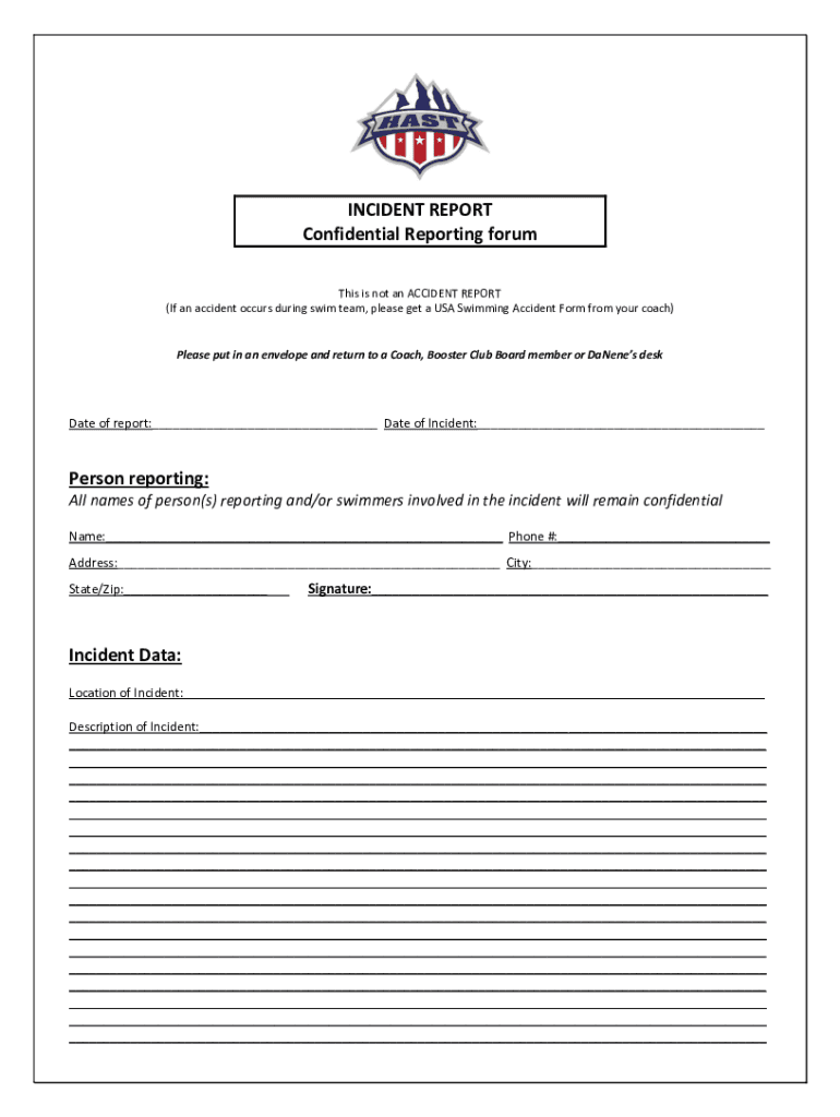 Fillable Online Swimming Pool Incident Report Form Template Fax Email ...
