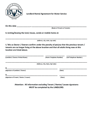Fillable Online Landlord Rental Agreement for Water Service On this ...